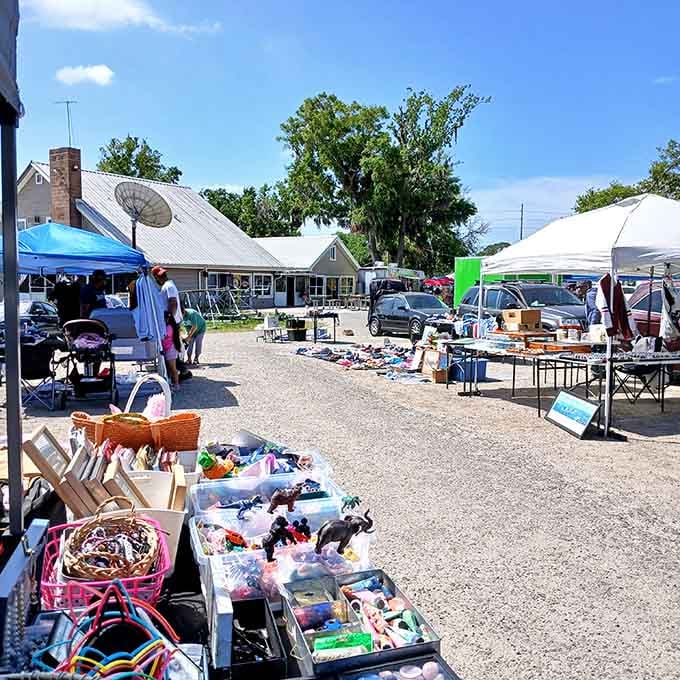 Suburban sprawl meets treasure hunting as families unload finds under shade trees on a perfect shopping morning.