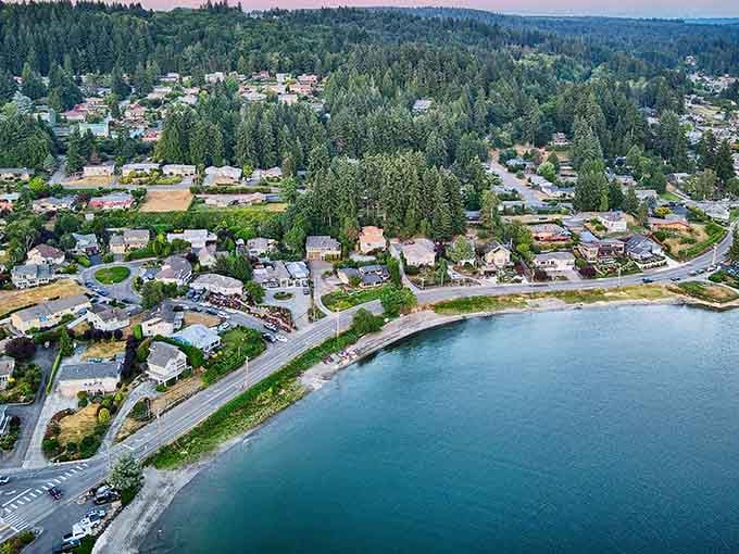 From this bird's-eye view, the forested coastline curves gently around homes that wake to eagles and fall asleep to lapping waves.