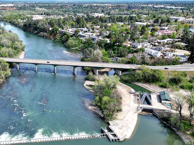 The river curves through green spaces, offering a refreshing escape where water meets wilderness in town.