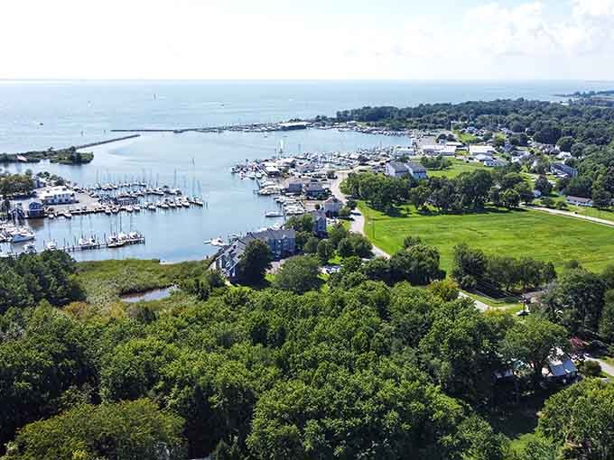 Green harbor meeting endless blue bay creates nature's perfect canvas where sailboats dot the water like scattered confetti.