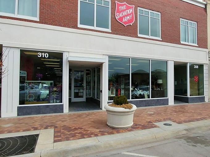 Historic brick buildings house the Salvation Army store, where shopping and community service meet on Main Street.