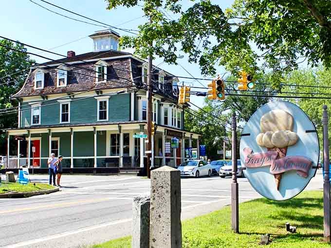 The village green and surrounding buildings create a scene straight from America's small-town dreams.