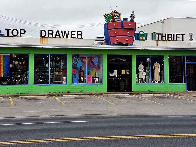 Top Drawer's bright green exterior and quirky decorations make thrift shopping feel like visiting an old friend's eclectic shop.