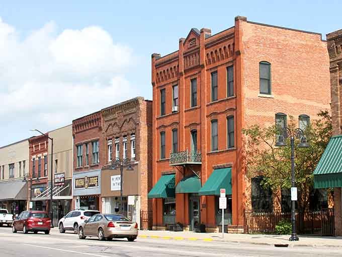 Ornate brickwork and decorative cornices showcase the attention to detail that builders once lavished on even modest commercial buildings.