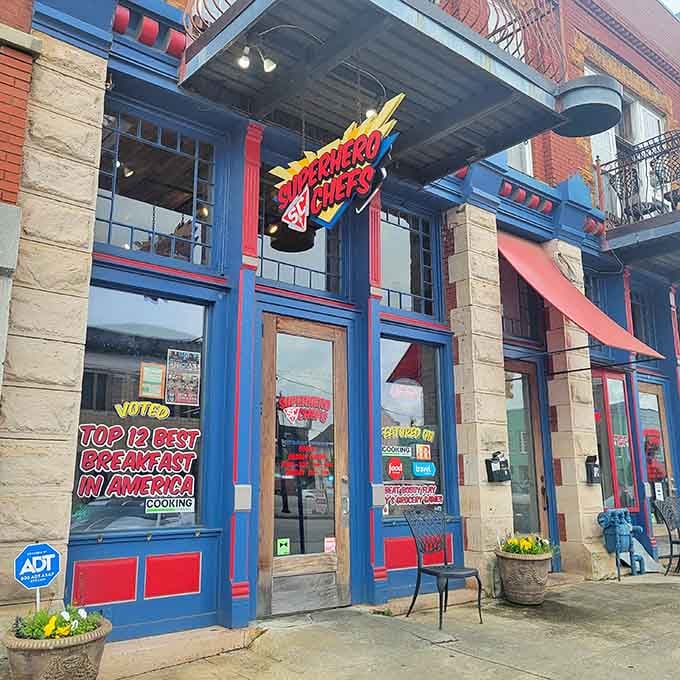 That storefront isn't whispering its presence, it's shouting "breakfast adventure ahead" in full comic book glory.