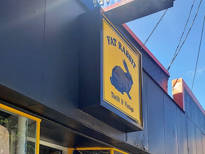 The Fat Rabbit sign hanging proudly against Louisville's blue sky, marking the spot where vintage dreams come true at bargain prices.