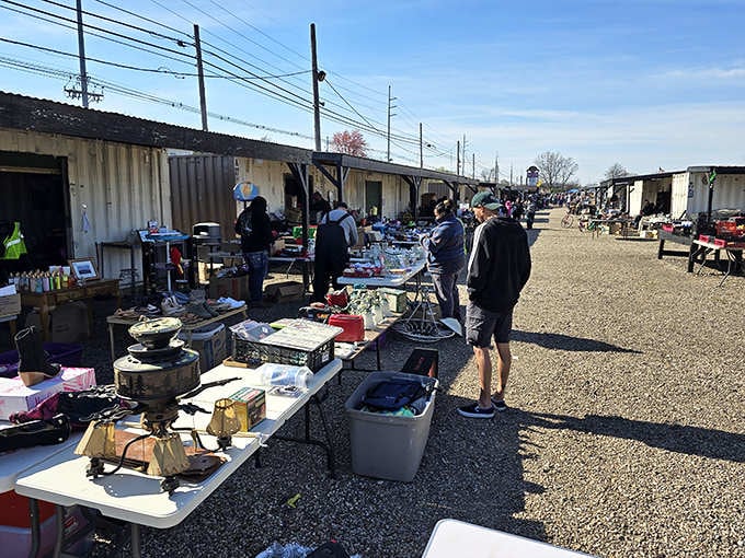 Rows of outdoor vendors stretching into the distance under blue skies, proving that one person's clutter is another's weekend jackpot.