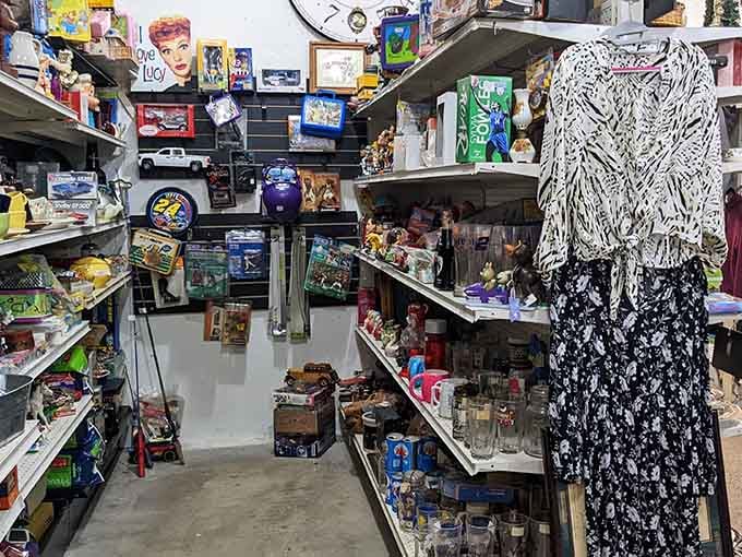 Shelves packed tighter than your aunt's holiday closet, proving one person's clutter is another's shopping paradise.