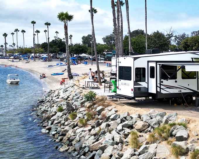 RVs parked so close to Mission Bay, you could practically fish from your awning.