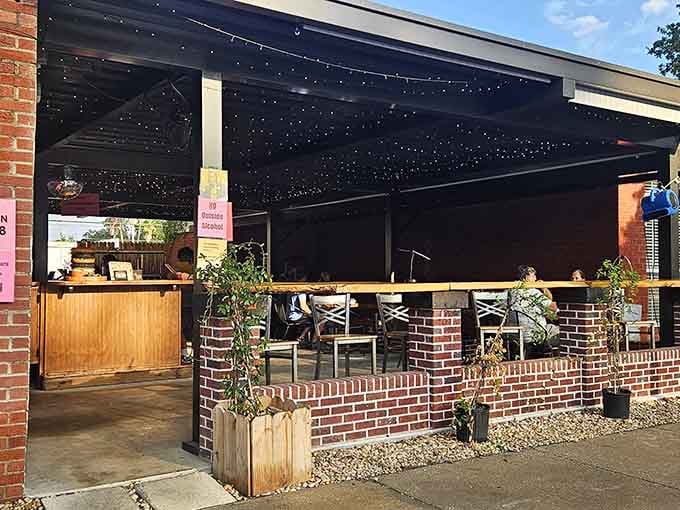 The brick-and-mortar promise of burger greatness, complete with string lights that say "we're serious about fun here."