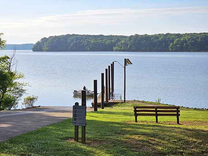 That peaceful dock stretching into Buggs Island Lake is basically an invitation to leave your worries on shore.