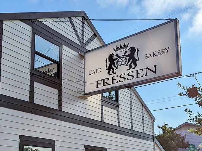 That sign with the regal lions isn't messing around - this is where pretzel dreams come true in Portland.