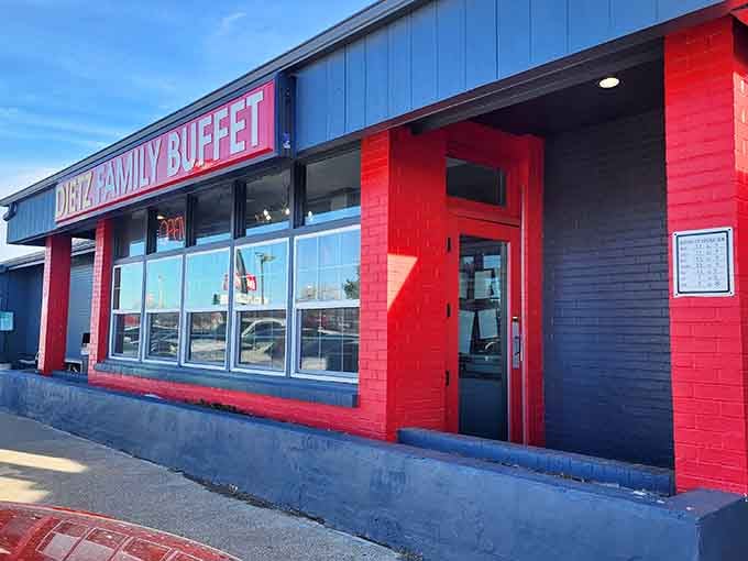 That bold red exterior isn't just for show, it's a beacon guiding hungry travelers to buffet paradise.