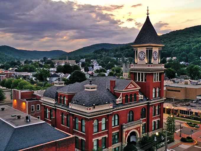 That red brick clock tower rising above downtown Bradford looks like it was custom-ordered from the Hallmark movie set department.