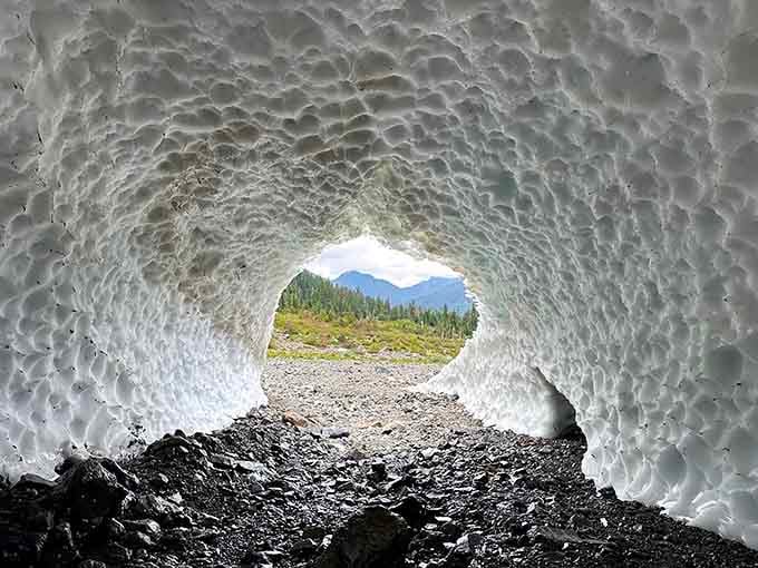 Looking through this frozen portal feels like peeking into Elsa's summer home, minus the singing snowman.