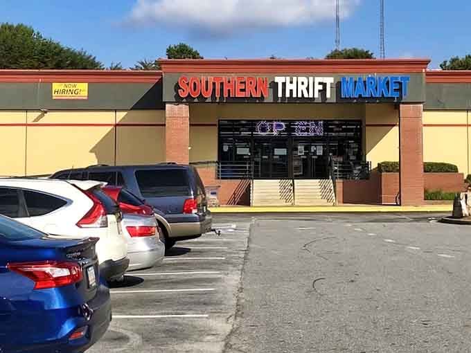 That colorful welcome sign promises adventure inside, where one person's castoffs become another's absolute treasure trove of deals.