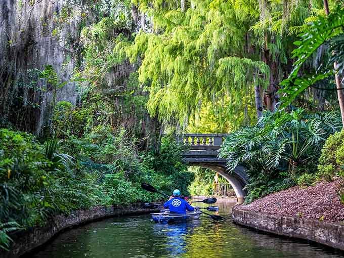 Paddling under bridges that look like they were borrowed from a European postcard, Spanish moss included.