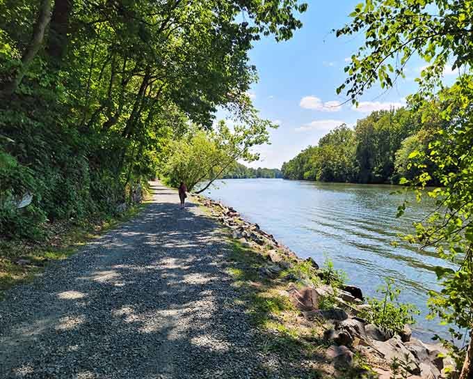 The gravel path winds along the sparkling river, inviting you to slow down and remember what tranquility actually feels like.