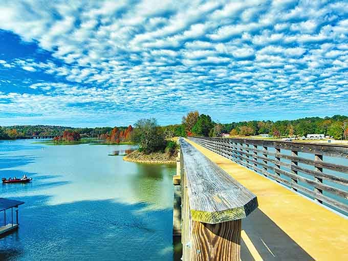 The bridge stretches across Lake Eufaula where fishermen chase bass and everyone else chases tranquility.
