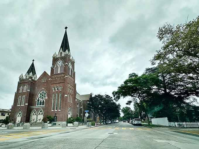 That Gothic Revival church tower rising against the sky? That's the kind of architecture that makes you slow down and appreciate craftsmanship.