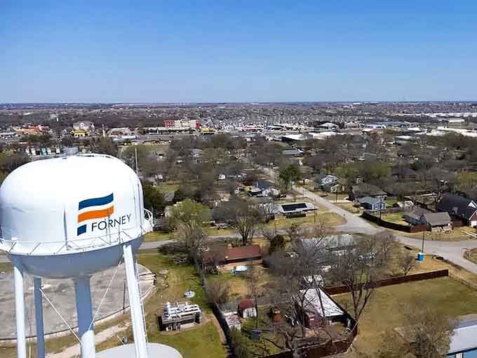 That iconic water tower isn't just a landmark, it's Forney's way of making sure you never forget where the good stuff is.
