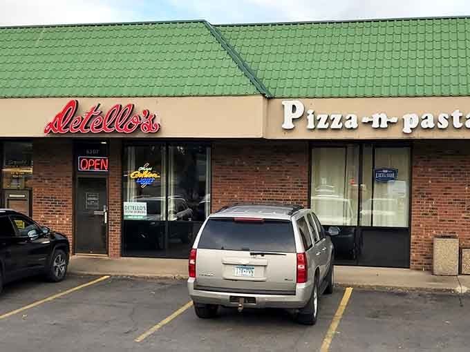 That unassuming strip mall exterior hides some of the most glorious deep dish pizza in Minnesota.