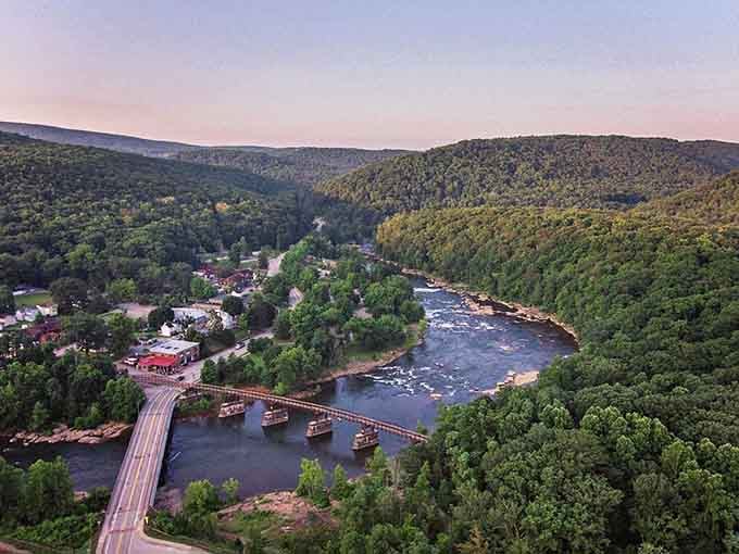 This aerial view of Ohiopyle nestled in the mountains proves Mother Nature has excellent taste in real estate.