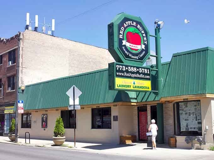 That green roof and cheerful red apple sign are your beacon to Polish comfort food paradise.