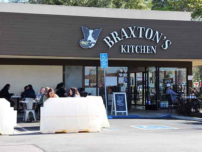 That charming Boston Terrier mascot watches over diners enjoying their meals in the California sunshine.