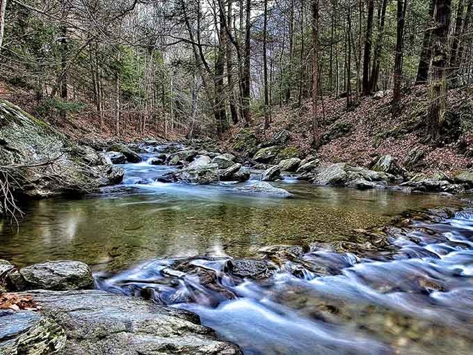 The brook's gentle cascade sets the stage for the main event, like nature's opening act.