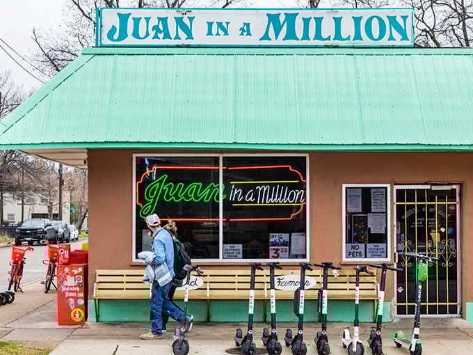 That turquoise roof isn't just decoration, it's a homing beacon for anyone craving legendary breakfast tacos.