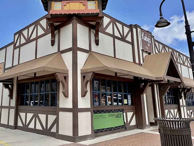 That half-timbered facade isn't fooling anyone, this is pure Bavaria dropped right into Dallas, clock tower and all.