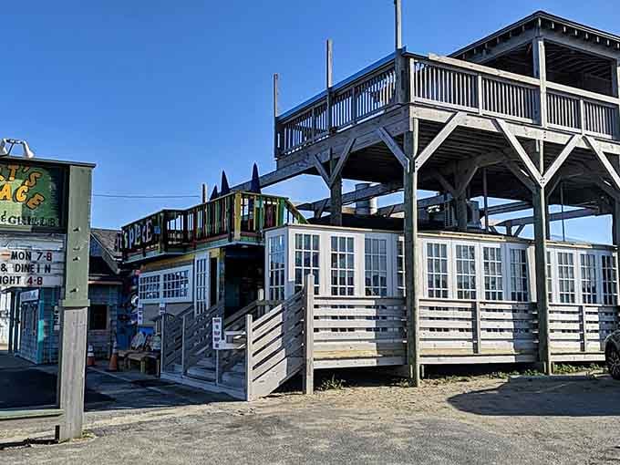 The multi-level deck design proves that great breakfast spots don't need fancy entrances, just character and charm.