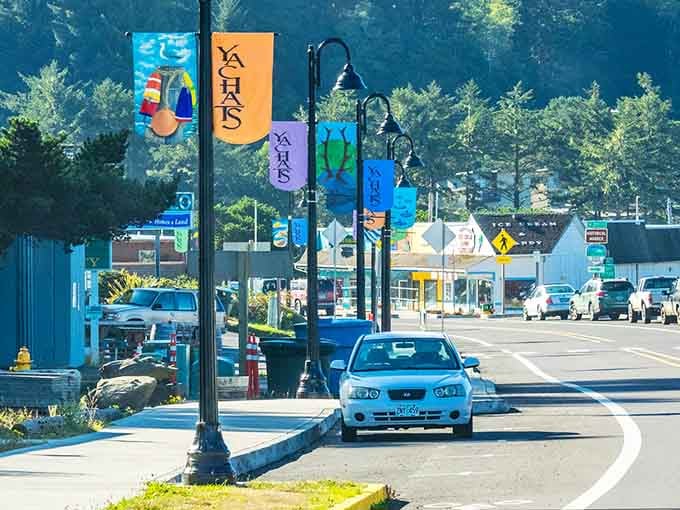 Those colorful banners lining the street aren't just decoration; they're Yachats telling you it's got personality to spare.