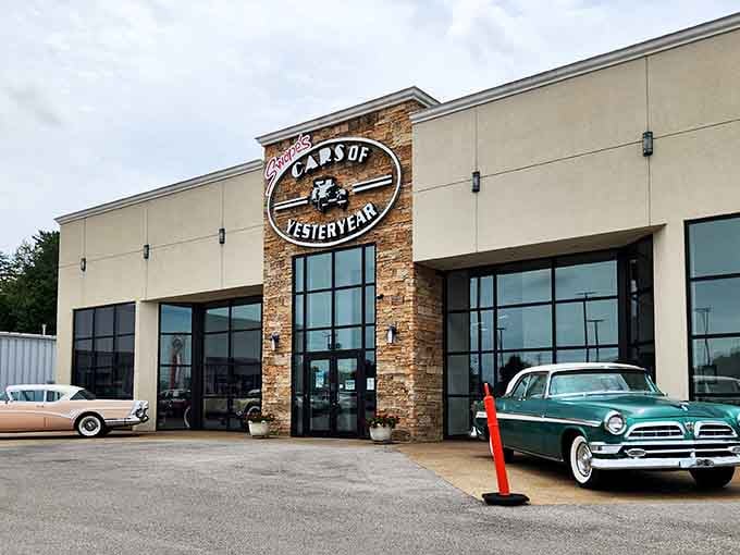 Classic beauties flanking the entrance serve as appetizers for the feast of chrome and steel awaiting within.
