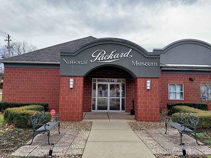 The elegant entrance welcomes you to a temple of American automotive excellence and craftsmanship.