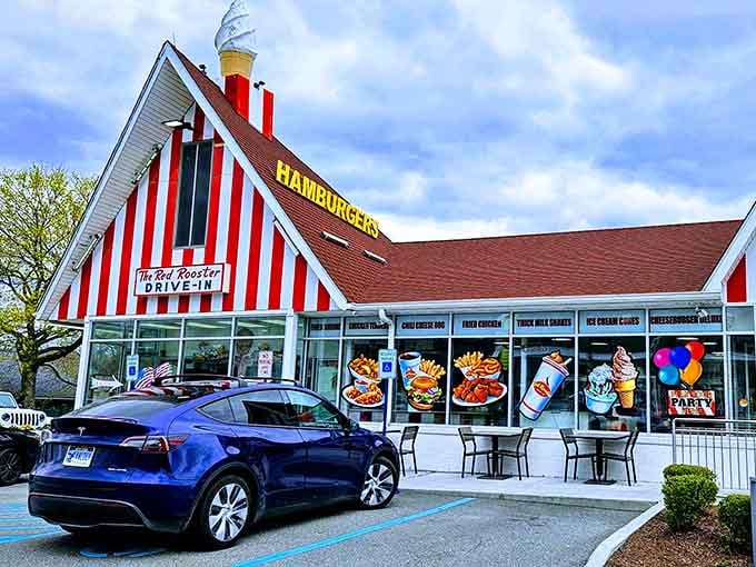 That red and white striped exterior isn't whispering; it's belting out a full-throated invitation to burger paradise.