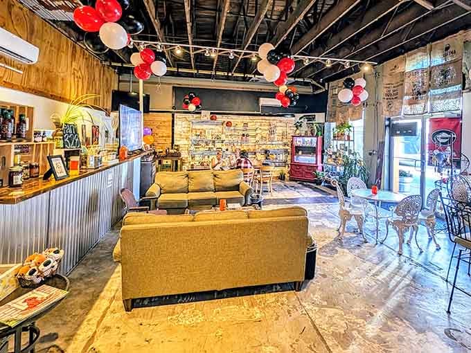 That cozy couch situation flanked by festive balloons is basically saying "sit down, stay awhile, eat everything."