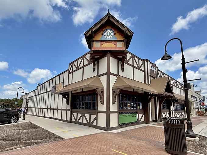 That half-timbered facade isn't fooling anyone, this is pure Bavaria dropped right into Dallas, clock tower and all.