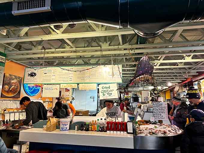 The counter at Monahan's buzzes with energy, where fresh seafood meets Midwest hospitality in perfect harmony.