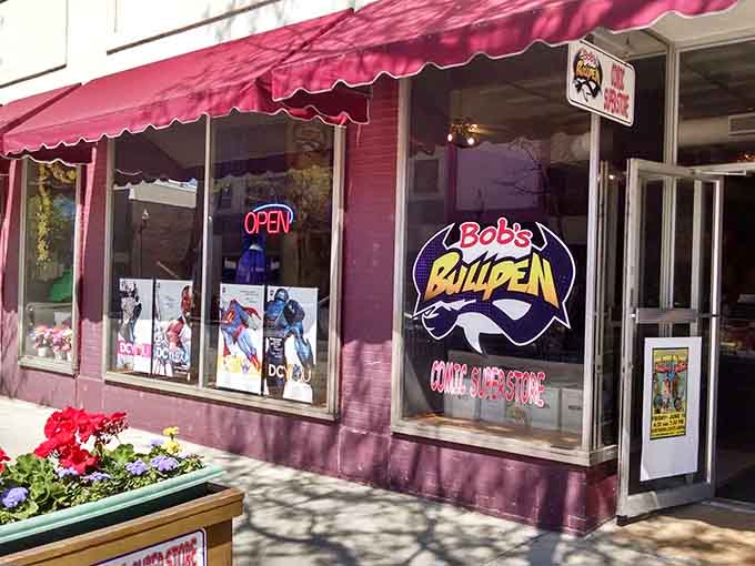 The storefront promises superheroes and sustenance, a combination that somehow makes perfect sense in downtown Alpena.