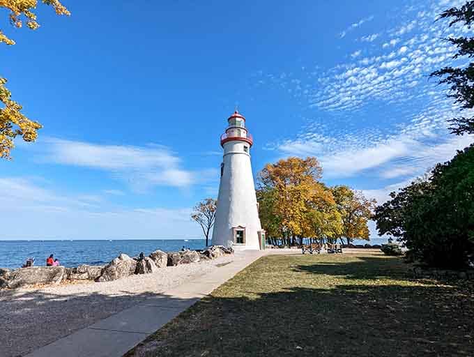 Those golden autumn leaves frame the lighthouse like nature decided to show off for the camera.