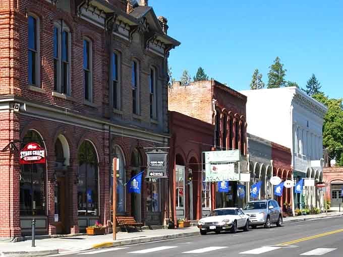 Historic brick buildings line California Street like a perfectly preserved movie set that forgot to stop being real.
