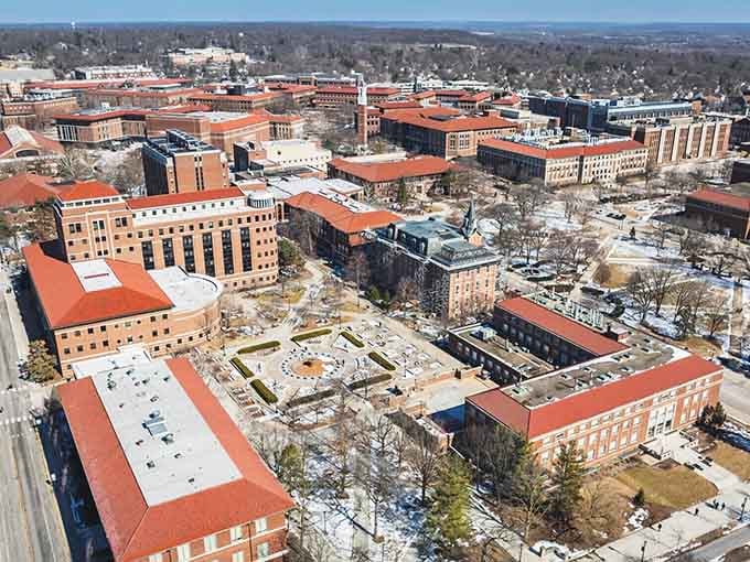 The Purdue campus spreads out like an academic wonderland where future engineers dream in brick and mortar.