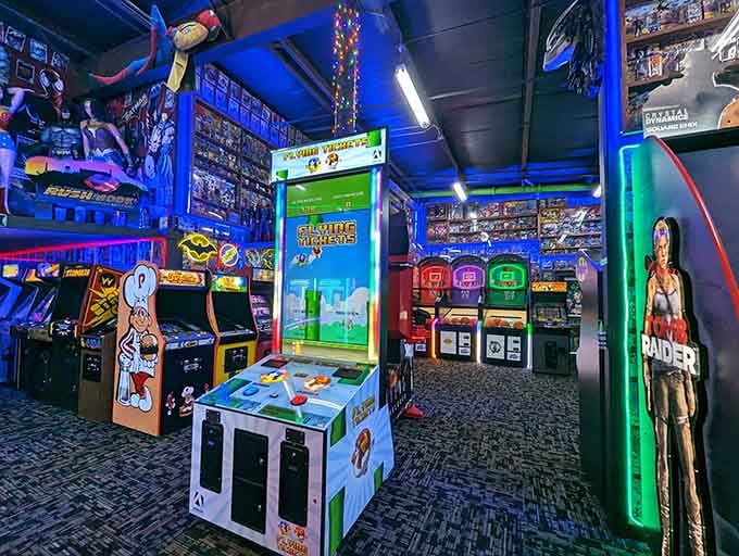 From vintage cabinets to modern redemption games, this colorful corner offers something for every generation of arcade enthusiast.