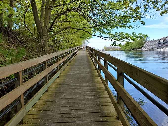That wooden boardwalk stretching ahead promises the kind of peaceful escape your soul's been craving all week.