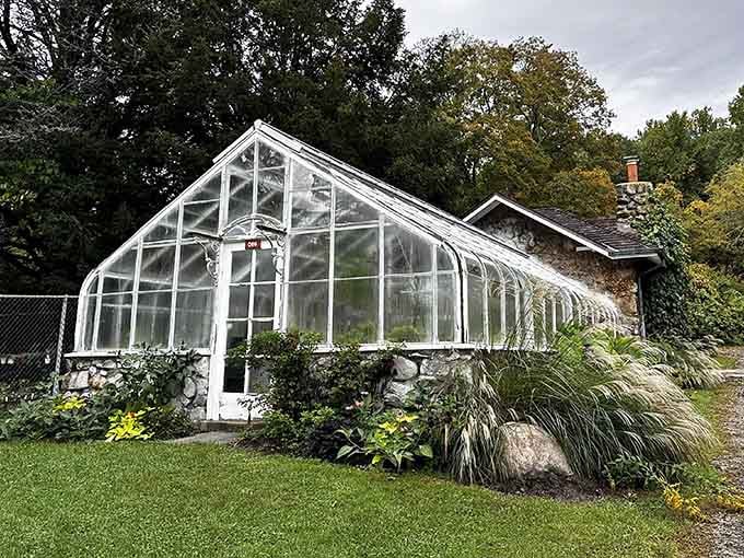 This classic greenhouse stands ready to protect tender plants through New Jersey winters like a glass guardian of green things.