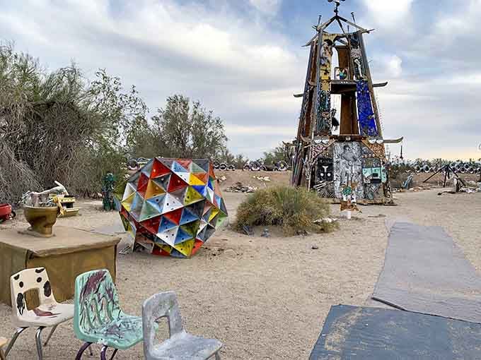 That tower reaching skyward isn't calling aliens, it's just art getting a little ambitious in the desert heat.