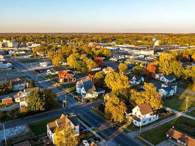 Golden hour over Marion reveals a tapestry of tree-lined streets and neighborhoods that make this Indiana gem shine.