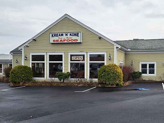 Even on overcast days, this welcoming facade draws hungry visitors like a lighthouse guides ships safely to shore.